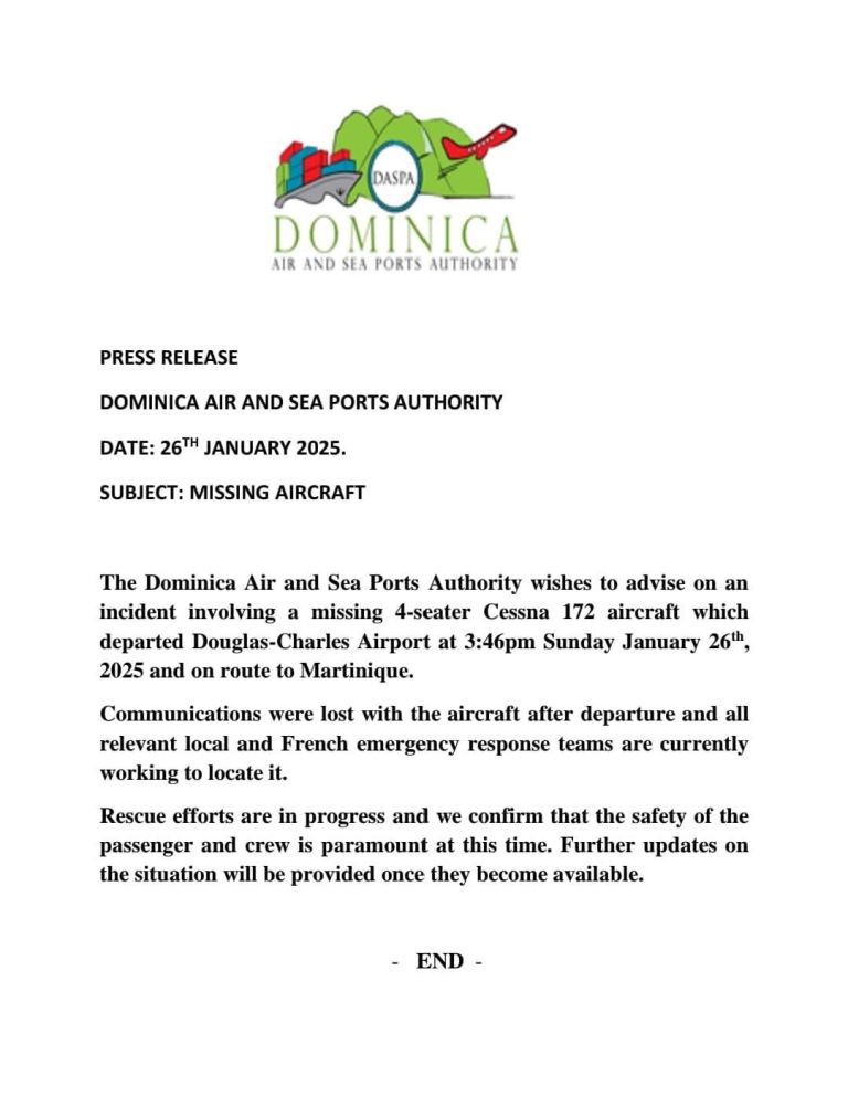 DOMINICA: Aircraft Missing After Losing Communications – safety steps